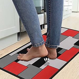 Kitchen Rugs Set of 2- Red, Black, and Grey Modern Geometric Non-Slip Washable Floor Mats - Comfort Sink and Laundry Room Runner - Contemporary Abstract Art Design Decor 17x47.2 and 17x30 inches