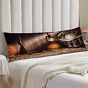 Body Pillow Cover,Western Theme Rodeo Cowboy Boots Hat Gun Lantern Printed Long Pillow Cases Protector with Zipper Decor Soft Large Covers Cushion for Beding,Couch,Sofa,Home Gift 20"x54"