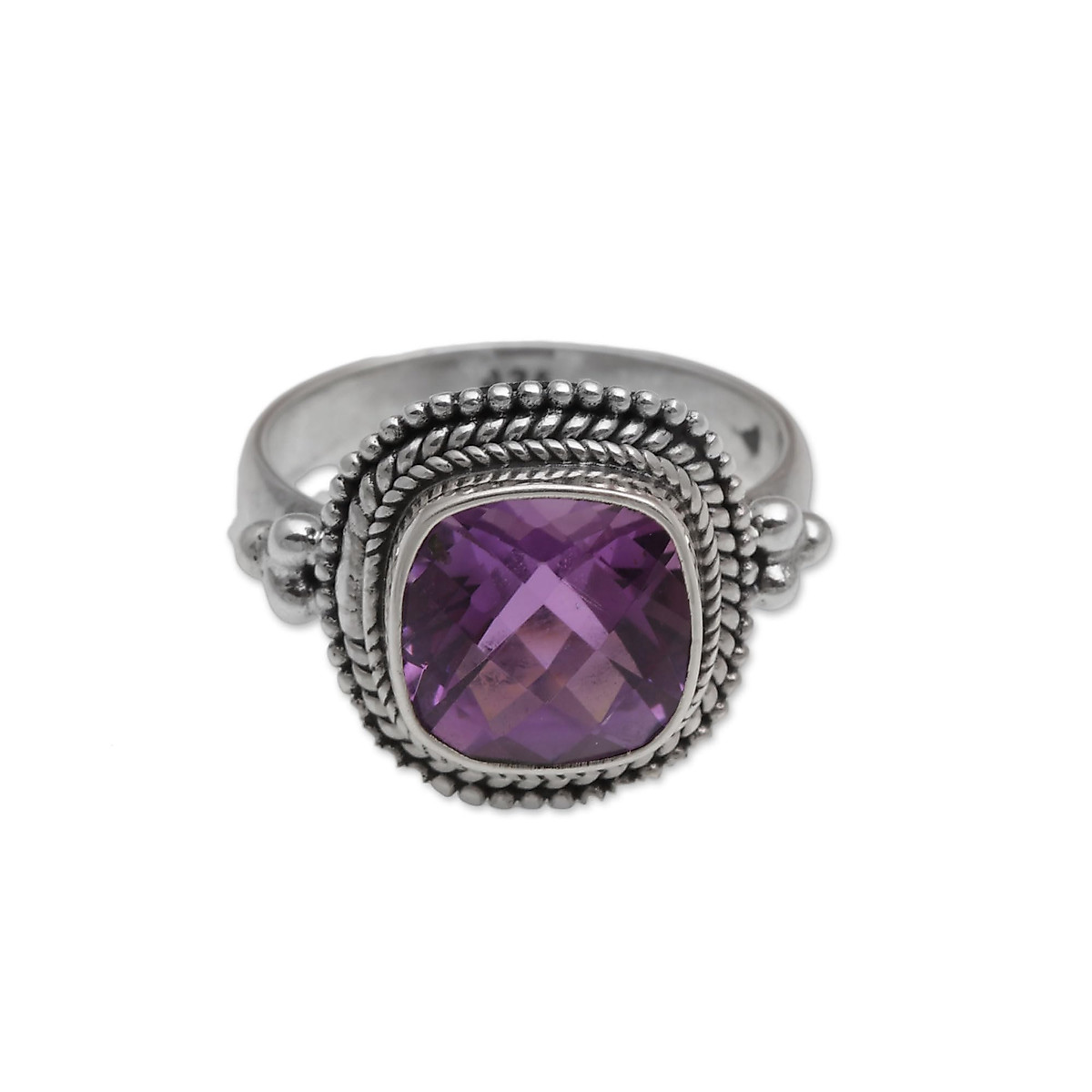 NOVICA Artisan Handmade Amethyst Cocktail Ring Sterling Silver from Bali Purple Single Stone Indonesia Ultra Violet Birthstone [crownbezel 0.6 in H x 0.8 in W x 0.2 in D Band Width 4 mm W] ' Purple