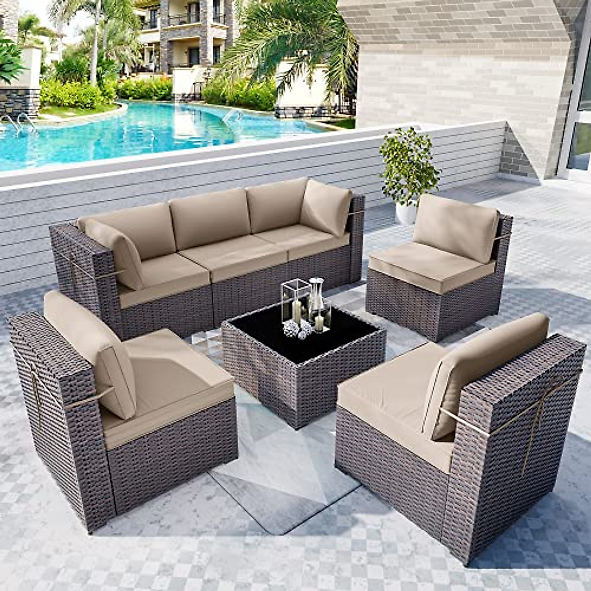 Piltwoff 7 Pieces Wicker Patio Conversation Sets,Modern Outdoor Sectional Furniture Patio Sets All-Weather for Backyard, Balcony(Brown)