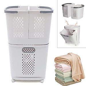 Laundry Baskets, Movable Hand-Held Laundry Basket Bathroom Clothes Storage Basket W/Wheeled, Storage Basket for Blanket, Toys, Dirty Clothes in Living Room, Bathroom, Bedroom
