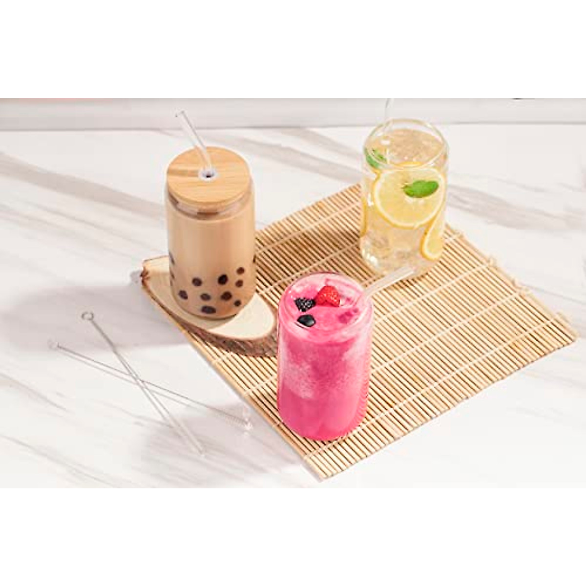 Glass Cups With Lids And Straws - 16oz Drinking Glasses 4pcs Set - Glass Coffee Cups With Lids And Straw – Iced Coffee Cups With Lids And Straws - Beer Can Glass With Lids And Straw - Cute Coffee Cups