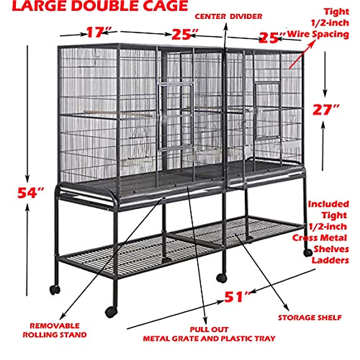 54" Large Double 3-Levels Small Animals Critters Wrought Iron Cage Center Slide Out Divider Tight 1/2-inch Bar Spacing Removable Rolling Stand Ferret Chinchilla Rat Mouse Hamster Sugar Glider