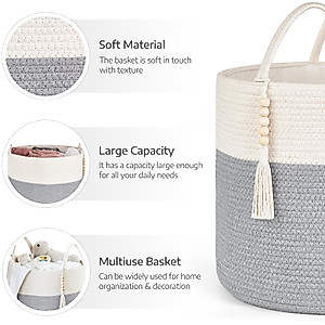 Mkono Woven Storage Basket Decorative Rope Basket Wooden Bead Decoration for Blankets,Toys,Clothes,PlantOrganizer Bin with Handles Living Room Home Decor, Grey and White, 16" W × 13.8"L