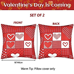 Valentine's Day Pillow Covers 18 x 18 Inch, Set of 2 Red Waterproof Throw Pillow Covers Outdoor, Love Heart Plaid Decorative Cushion Pillow Cases for Anniversary Couch Patio Furniture Bench Bed Sofa