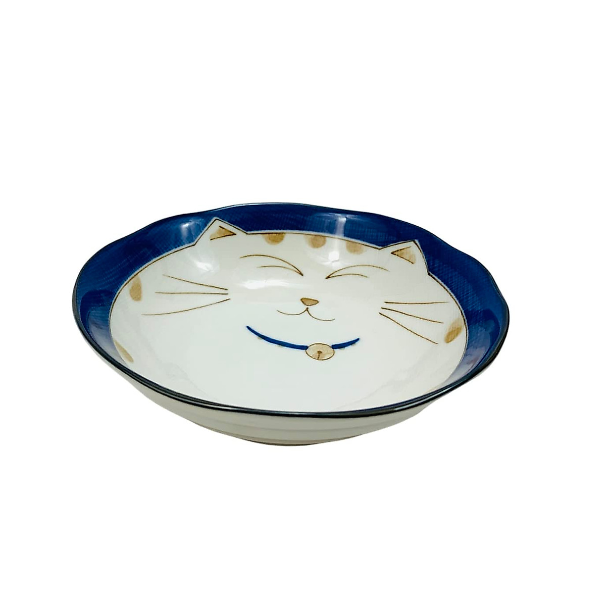 JapanBargain 2562, Japanese Porcelain Shallow Soup Bowl for Dinner Lunch Rice Poke Donburi Udon Ramen Noodle Pasta Cereal Maneki Neko Lucky Cat Pattern for Cat Lovers Made in Japan, 6.75-inch, Blue