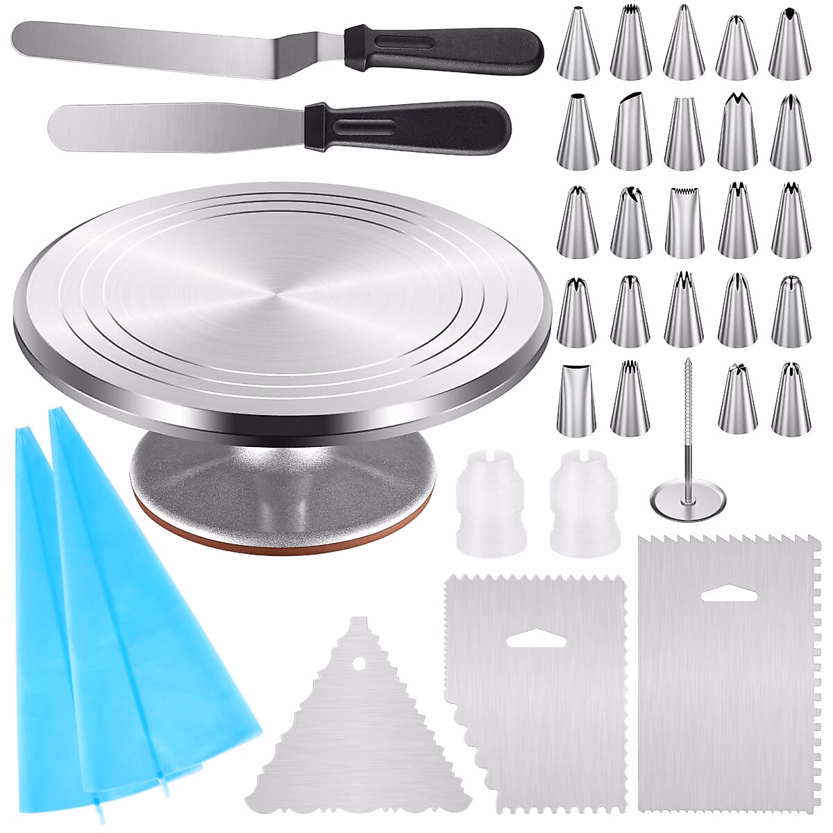 Kootek Aluminium Cake Turntable, 12 Inch Rotating Cake Stand, 35 pcs Cake Decorating Kit Supplies with 24 Numbered Icing Piping Tips, 2 Frosting Spatula, Pastry Bags and Other Baking Tools