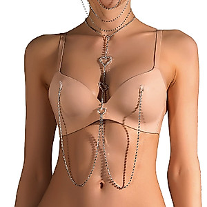 Sexy Bling Rhinestone Bra Chain Crystal Waist Belly Bikini Body Chain Jewelry Rhinestone Non Piercing Red Nipple Body Chain for Women (Color 1)