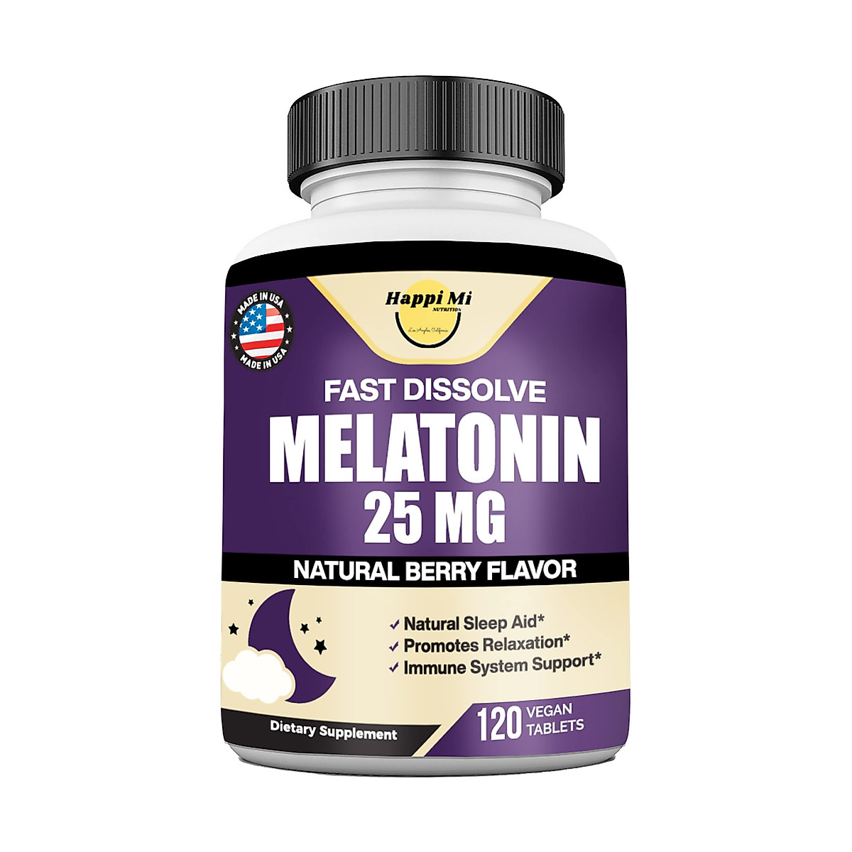 Happi Mi Nutrition Melatonin 25mg, Extra Strength with L-Theanine & Vitamin B-6, Fast Dissolve Tablets, Sleep Support, Relaxation, Restful Sleep, Drug Free, Natural Berry Flavor, 120 Chewable Tablets