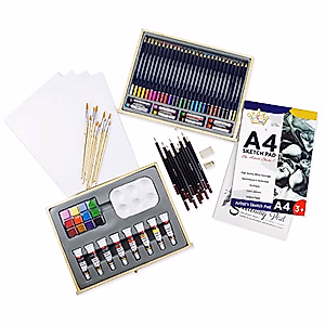 Deluxe Art Supplies, 88 Pieces Art Set in Portable Wooden Case, with 2 Drawing Books and 4 Canvas Panels, Professional Art Set for Painting & Drawing, Art Kit for Kids, Teens and Adults/Gift