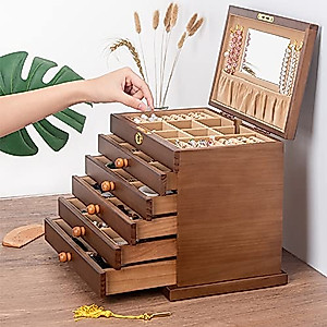 ZZYINH AN207 Solid Wood Six-Layer Jewel Box Large Capacity with Lock Retro Eardrop Earrings Necklace Jewelry Gift Small Jewelry (Color : Black)