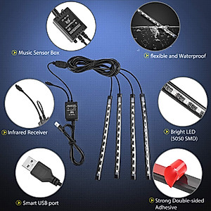 Nilight 48 LEDs DC 5V Multicolor Music Car Strip Light Under Dash Lighting Kit with Sound Active Function and Wireless Remote Control, 2 Years Warranty, 4PCS USB Interior Lights