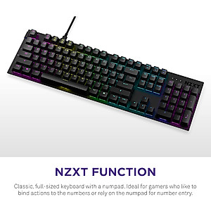 NZXT Function Full-Size USB Gaming Keyboard – Gateron Red Mechanical Switches: Linear, Fast, and Quiet – Hot-Swappable – RGB Backlit – Aluminum Top Plate – Sound Dampening Foam – Wrist Rest – Black