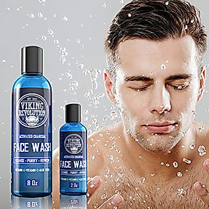 Viking Revolution Charcoal Face Wash for Men- Scrub Away Dirt and Toxins, Skin Cleaning Agent - Cleanse, Purify and Refresh - Daily Charcoal Facial Cleanser - 8 Fl Oz plus a 2 Fl Oz, 2 Piece Set