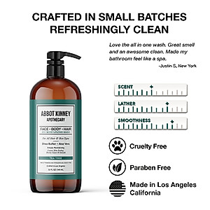 ABBOT KINNEY APOTHECARY Men's 3-in-1 Wash, Moisturizing Shampoo, Conditioner, and Body Wash for Men, Suitable for All Skin and Hair Types, 32oz (Tea Tree)
