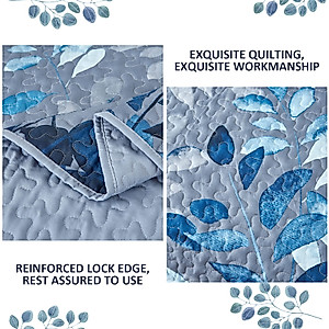 WONGS BEDDING Blue Floral Quilt Set California King, 3 Pieces Botancal Leaves Bedspread Coverlet Set with 2 Pillowcases for All Season, Soft Microfiber Floral Bedding Set 106"×96"