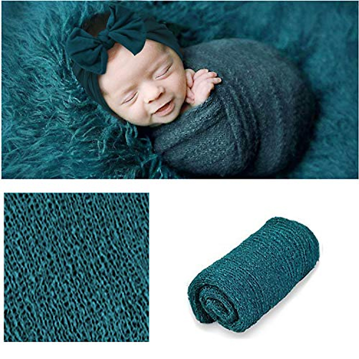 SPOKKI 4 Pcs Newborn Photography Props Outfits- Baby Dark Green Long Ripple Wrap and Toddler Swaddle Blankets Photography Mat with Cute Headbands for Infant Boys Girls(0-12 Months)