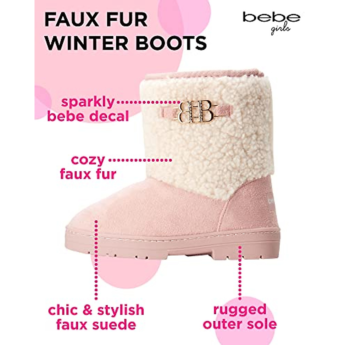 bebe Girls' Winter Boots - Microsuede Boots with Faux Fur Shearling Ankle Cuffs, Size 2 Little Kid, Blush