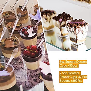 Nuogo Mini Plastic Dessert Cups with Spoons Include 3 Oz Square Appetizer 2.5 Slanted Round Parfait Mousse Ice Cream Bar Supplies Small Clear Bowls for Party Wedding (100 Pcs)