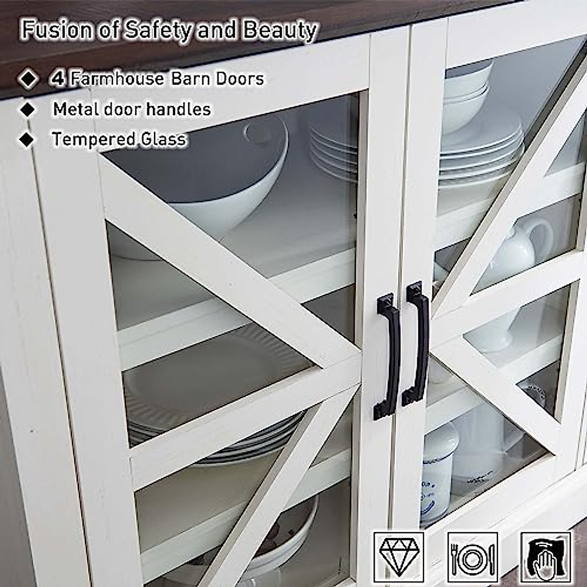 SinCiDo Farmhouse Buffet Cabinet with Storage, 70" Wood Sideboard Storage Cabinet w/4 Glass Barn Doors & Adjustable Shelf, Bar Cabinet for Kitchen, Dining Room, Hallway, White