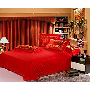 LELVA Chinese Traditional Red Sheet Asian Bedding Queen with Dragon and Phoenix Bird Embroidery Duvet Cover Set 4pcs (Queen)