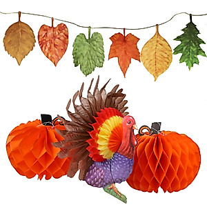 MorTime Set of 4 Tissue Paper Pumpkin Turkey Maple Leaves Banner, Thanksgiving Hanging Autumn Themed Decor for Thanksgiving Home School Party Decorations
