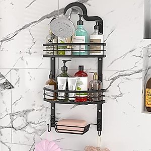 GILLAS Hanging Shower Caddy,Over Head Shower Caddy Rustproof, No Drilling Shower Storage Rack Organizer for Towels, Sponge, Shampoo, Black