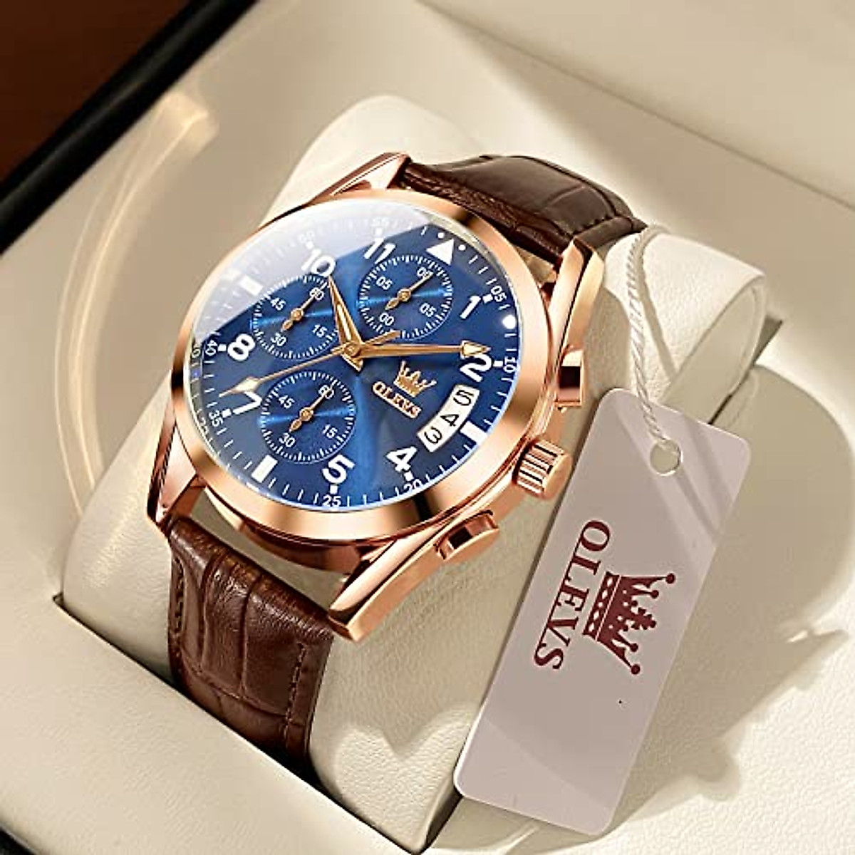 OLEVS Men's Wrist Watches, Waterproof Chronograph Quartz Sportes Men Watch for Father Husband Boyfriend Son Father's Day Gifts, Blue Dial, ROUND, Business