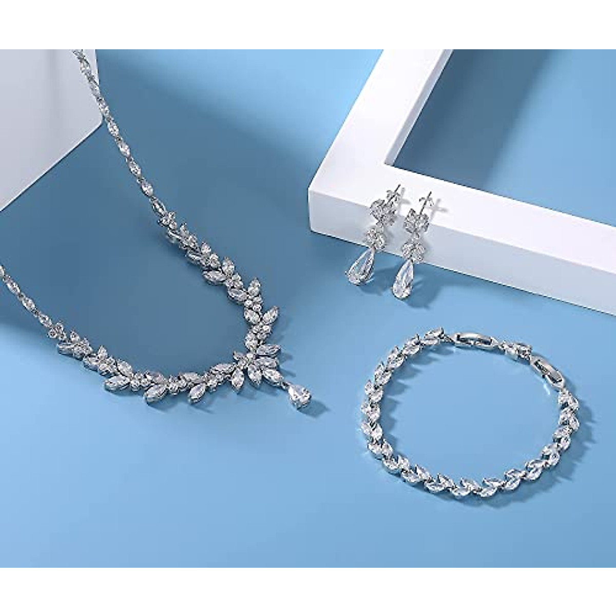 IDASANY Jewelry Set for Women, Cubic Zirconia Necklace Dangle Earrings & Bracelet Jewelry Set for Bride Bridesmaid Wedding Prom Party