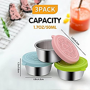 Salad Dressing Containers To Go, 3x1.7oz Small Stainless Steel Condiment Containers with Lids, Leakproof Dip Containers, Reusable Mini Sauce Container, Premium Silicone Lids Dipping Sauce Cups