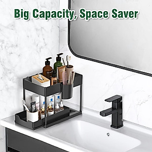 Under Sink Organizers and Storage 2 Tier Under Cabinet Organizer Bathroom Under Sink Storage for Kitchen with Sliding Drawers, Hooks, Multi-purpose Pull Out Under the Sink Organizer and Storage