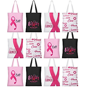 Silkfly 12 Pcs Breast Cancer Awareness Gift Canvas Tote Bags with Handles Pink Ribbon Bags Reusable Grocery Shopping Party Cloth Handbags Washable Craft, 13.78 x 15.75 In