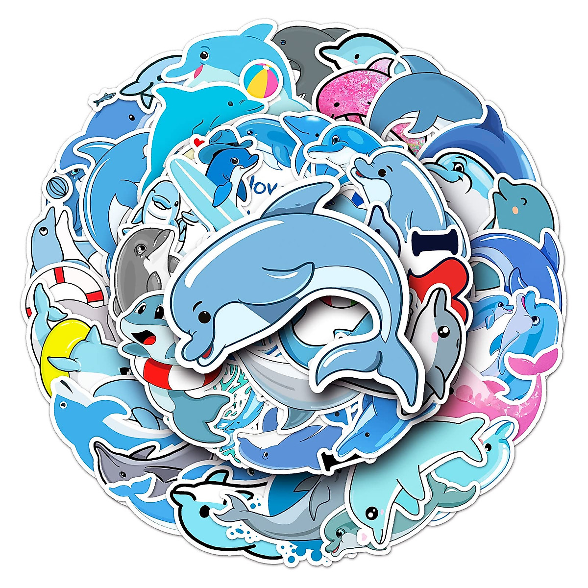 50Pcs Cute Dolphin Stickers,Ocean Whale Animal Waterproof Stickers for Laptop,Bumper,Skateboard,Water Bottles,Phone,Vinyl Stickers for Kids Teens (Dolphins)