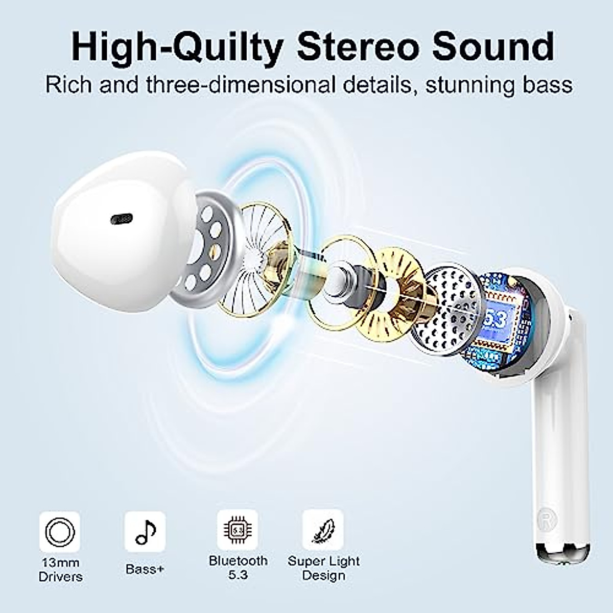 Aptkdoe Wireless Earbuds, Bluetooth 5.3 Headphones with Hi-Fi Stereo Clear Call Mic, 30 Hrs Playtime Bluetooth Earbuds Touch Control with LED Display, IPX7 Waterproof Earphones for iOS Android White