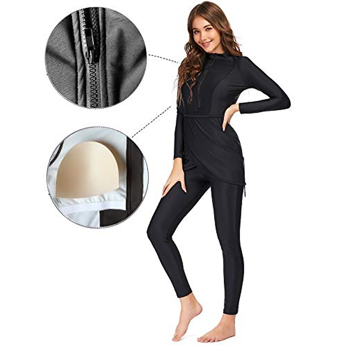 seafanny Women Muslim Swimwear Long Sleeve Burkini Full Cover Hijab Modest Swimsuit (Black, 6-8)