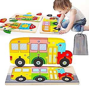 Wooden Toddler Puzzles for Kids Ages 2-4 Montessori Toys for 2 3 4 Year Old Boys Girls Toddler Educational Developmental Toys Gifts Numbers Colors Shapes Early Learning Vehicle Puzzle Toys(3 Packs)