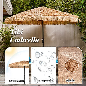 KITADIN 10FT Patio Umbrella Thatched Tiki Outdoor Umbrella with Plug Tropical Hawaiian Style Grass Beach Umbrella with Crank Lift Natural (No Base)