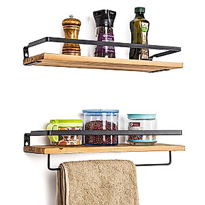 Floating Shelves for Wall 2 Pack, Wall Mounted Storage Shelves with Black Metal Frame and Towel Rack for Bathroom, Bedroom, Living Room, Kitchen, Office