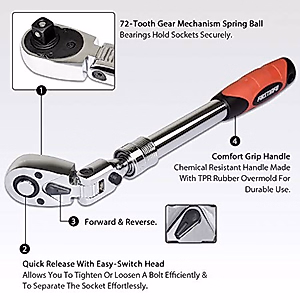 FIRSTINFO F3222ND 1/2-Inch Drive Locking & Flexible Extendable Ratchet Wrench Reversible,Soft-Grip with 72-Tooth Geared Action (Length: 13.8-19.3 Inches)