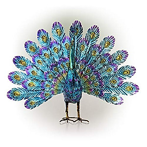 Alpine Corporation JUM232 Metal Peacock Outdoor Statue, 32" L x 12" W x 23" H, Multi-Color