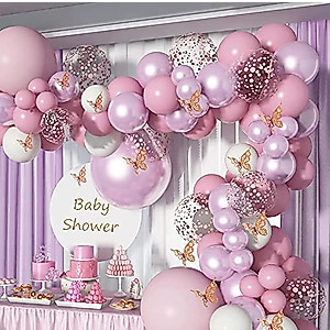 (115 PCS) Butterfly Pink and Purple Balloons Garland Arch Kit, Baby Shower Decorations for Girl Butterfly Stickers Confetti Balloons for Birthday Wedding Bridal Shower Decorations