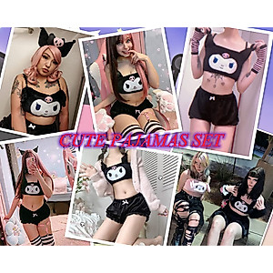 BZB Kawaii Anime Cute Pajamas Set for Women Sweet Lovely Velvet Tube Top and Shorts Two Piece Cartoon Sleepwear Sets Black