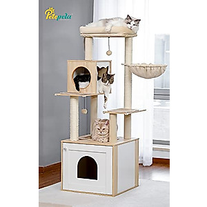PETEPELA Modern Cat Tree Wood Cat Tower with Storage Cabinet Litter Box Enclosure and Spacious Cat Condo, Large Top Perch and Hammock, Sisal Covered Scratching Posts for Cats Beige