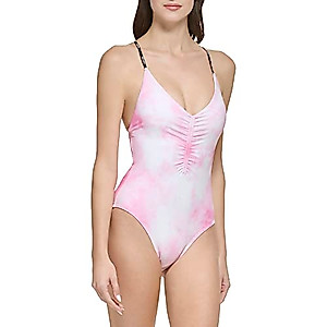 Calvin Klein Women's Standard Tie Back Logo Straps One Piece Swimsuit, PINK MULTI