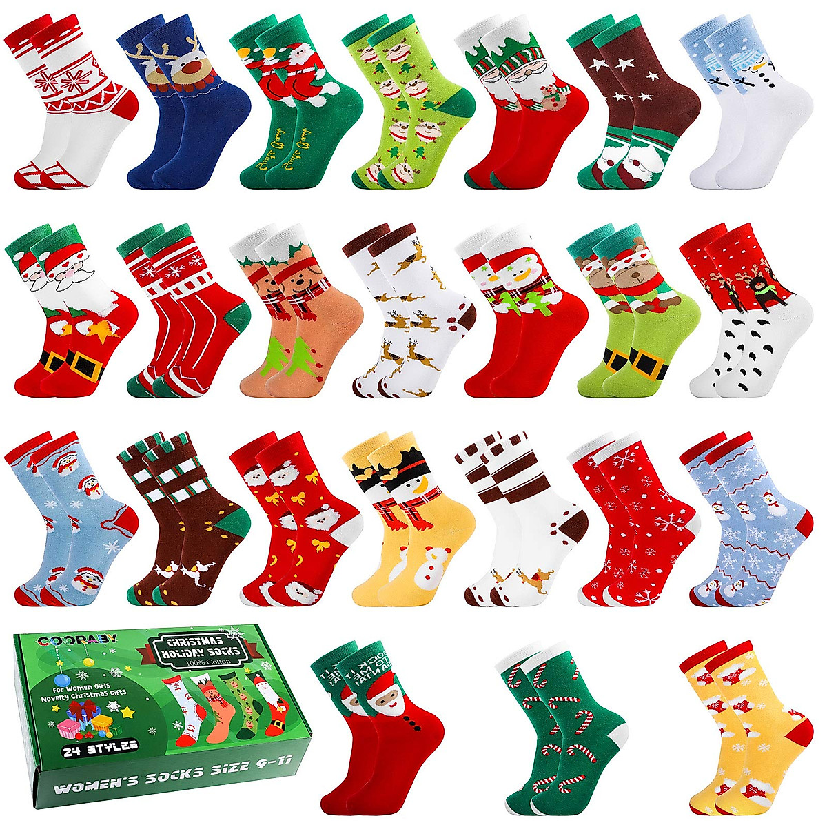 Cooraby 24 Pairs Women Christmas Socks Warm Cotton Crew Xmas Socks for Girls Women Christmas Gifts