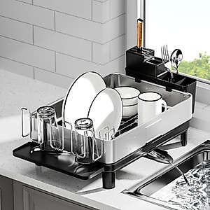 SanDream Dish Drying Rack, Stainless Steel Dish Rack for Kitchen Counter, Dish Drainer for with 360° Rotatable Drain Spout & Utensil Holder, Saving-Space Kitchen Organizer with Cups Holder, Black