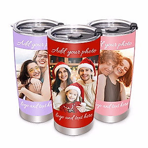 Customizedbee Personalized Tumbler with Picture Text Name, 20 oz Custom Travel Coffee Mug Personalized Gifts, Christmas Birthday Anniversary Thanksgiving Gifts for Couples Families Friends