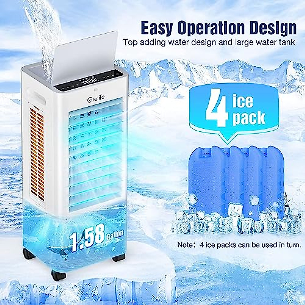 Grelife Evaporative Air Cooler, 3-IN-1 Portable Air Cooler with Fan &Humidifier, Oscillation Swamp Cooler with 3 Wind Speeds, 3 Modes, 4 Ice Packs, 12H Timer, Remote, for Bedroom Office Home Garage