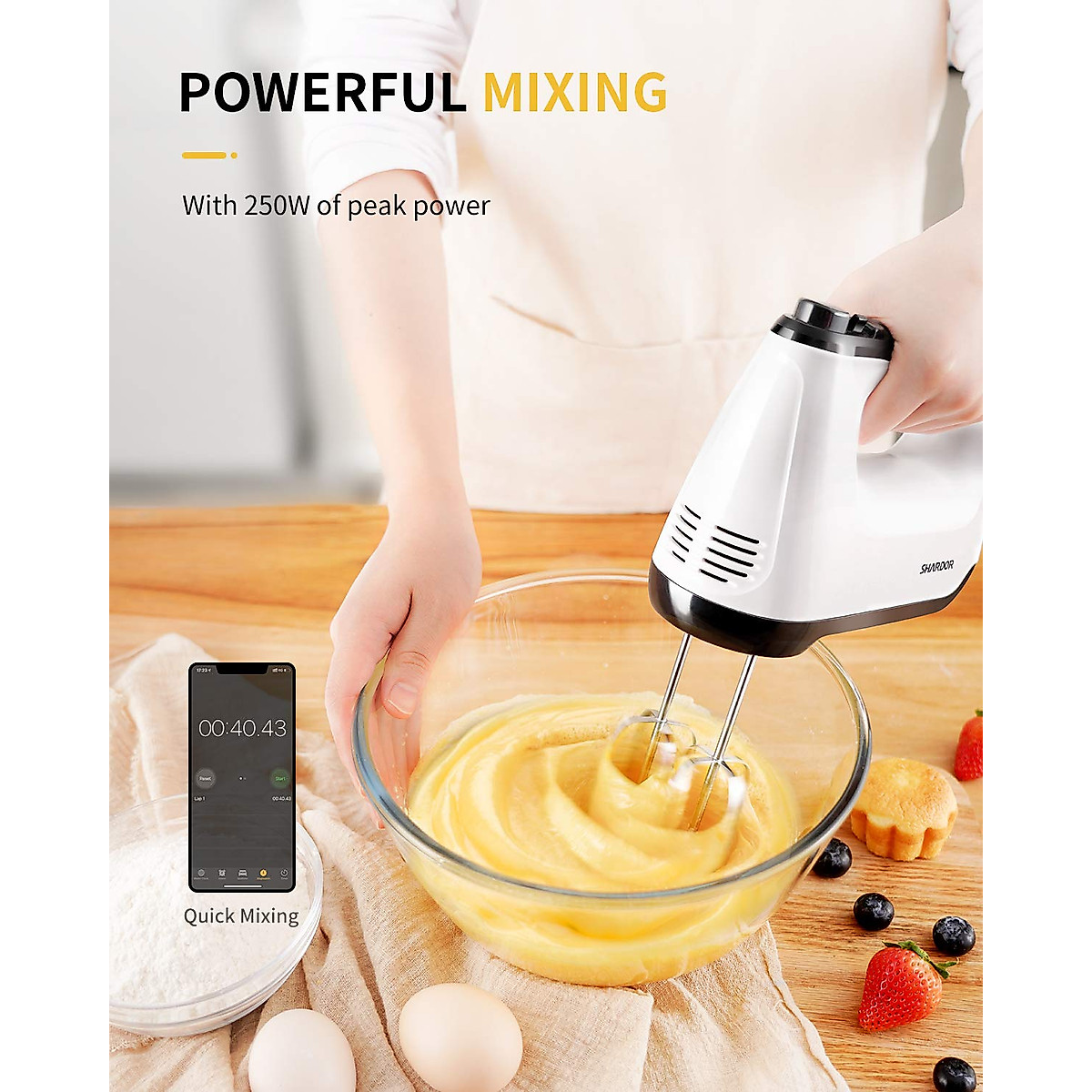 SHARDOR Hand Mixer Electric1.0, 6 Speed & Turbo Handheld Mixer with 5 Stainless Steel Accessories, For Whipping, Mixing Cookies, Brownie, Cakes, Dough Batters, Snap-On Storage Case, White