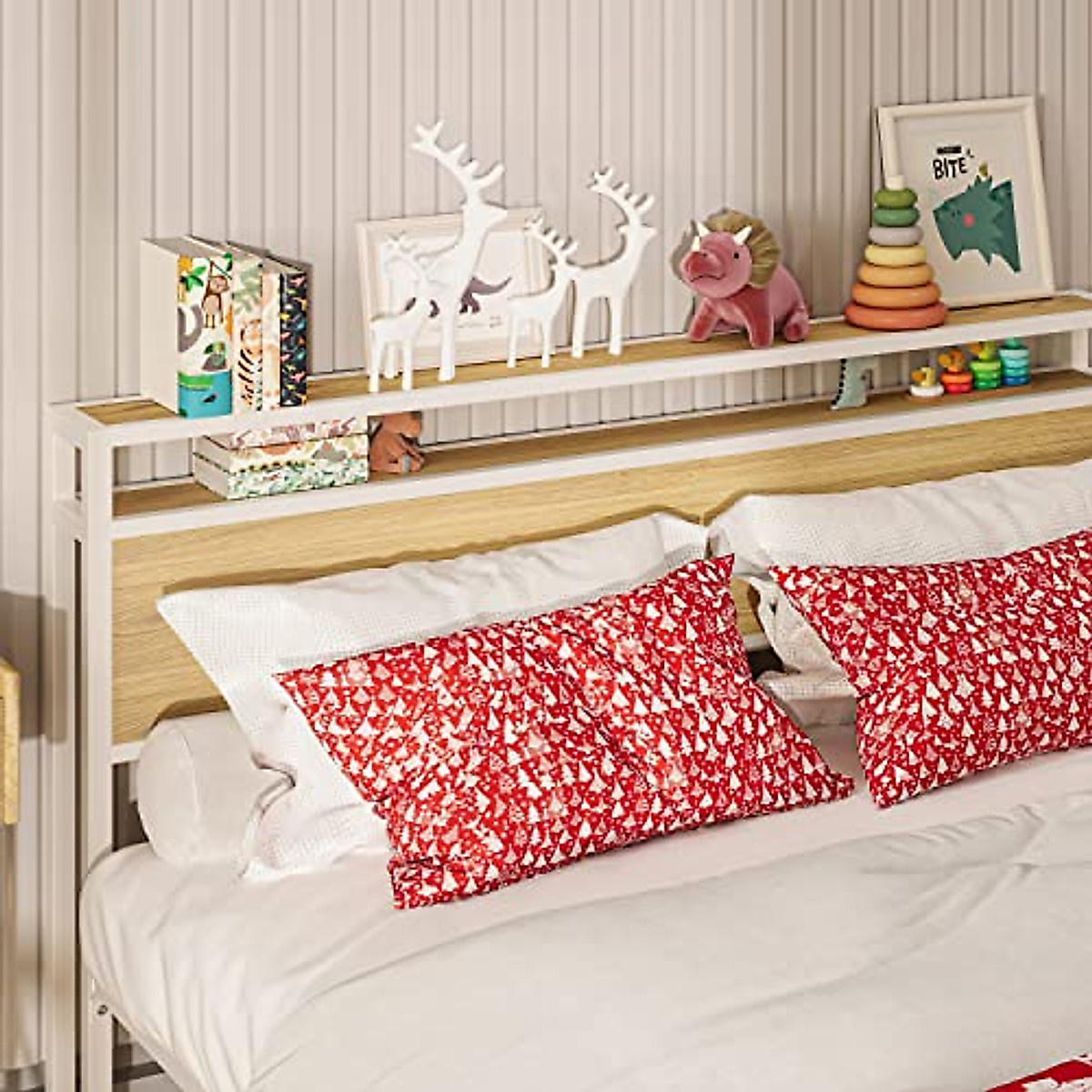 LIKIMIO Full Size Bed Frame, Platform Bed Frame with 2-Tier Storage Headboard, Solid and Stable, Noise Free, No Box Spring Needed, Easy Assembly, White and Log